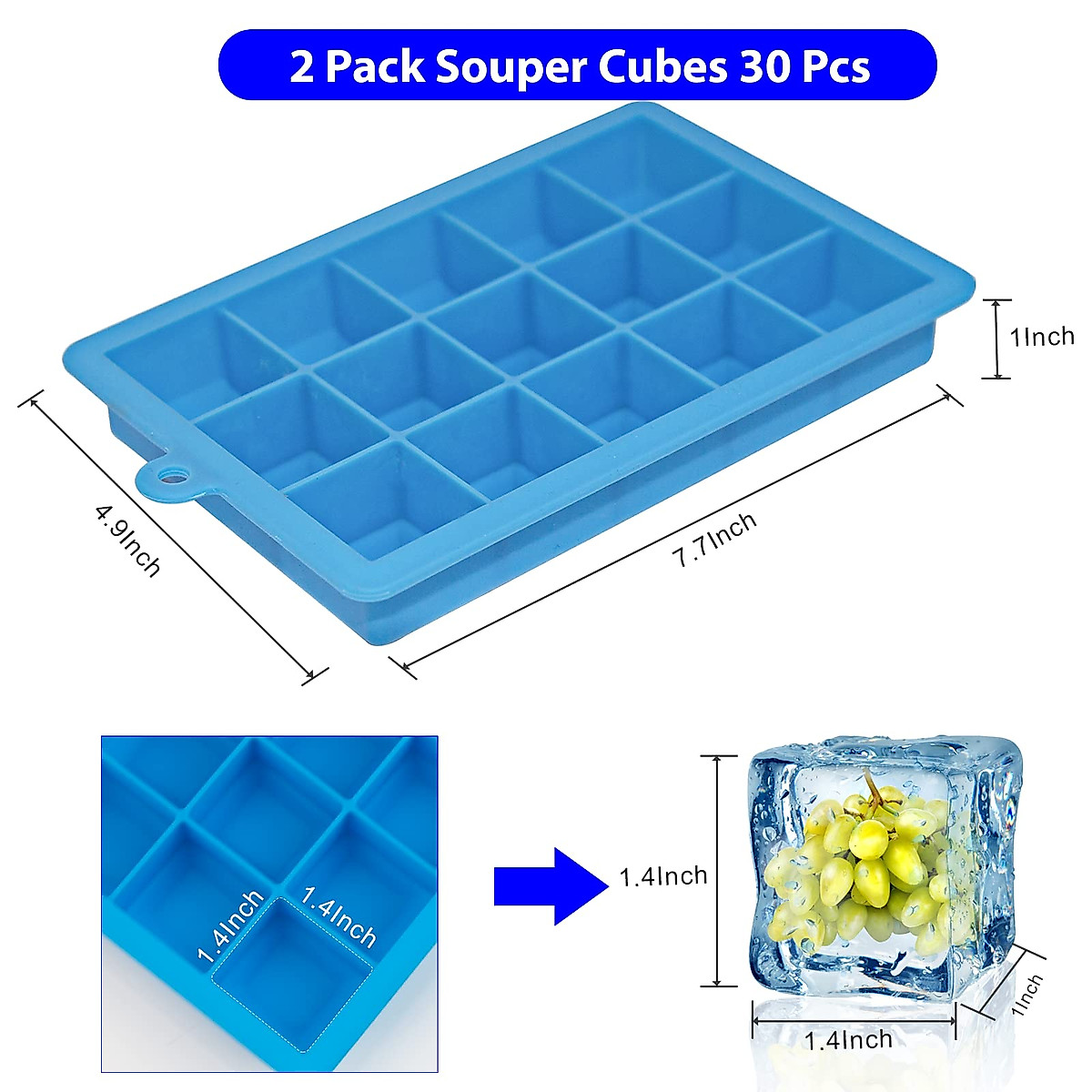 Silicone Ice Cube Tray with Lid, 2 Pack Stackable Ice Trays for Freezer, 30 Pcs Ice Molds Blue