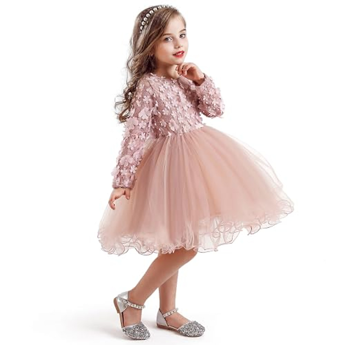 TTYAOVO Girls Longsleeve Lace 3D Flowers Tulle Layered Princess Party Dresses Size(140) 5-6 Years Dusty Pink
