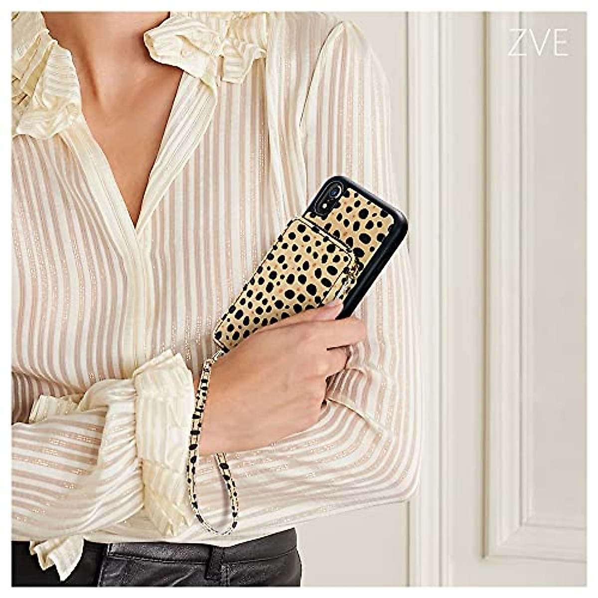 iPhone XR Crossbody Case, iPhone XR Wallet Case, ZVEdeng Zipper Wallet Card Holder Case Crossbody Chain Wrist Strap for Women Leather Purse Shockproof Case for iPhone XR 6.1'' Cheetah Print Skin