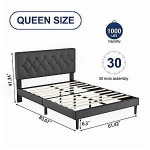 Queen Size Platform Bed Frame with Upholstered Headboard, Button Tufted Design, No Box Spring Needed, Dark Grey