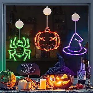 LOLStar Halloween Decorations 3 Pack Orange Pumpkin Green Spider Purple Witch Hat Halloween Window Lights with Suction Cup Battery Operated Halloween Lights, 2023 Upgrade Slow Fade Mode Timer Function