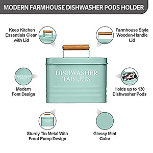 Calindiana Modern Farmhouse Metal Dishwasher Pods Container with Lid for Kitchen Organization and Storage, Kitchen Essentials Decor Accessories, Dishwasher Pods Holder, Mint