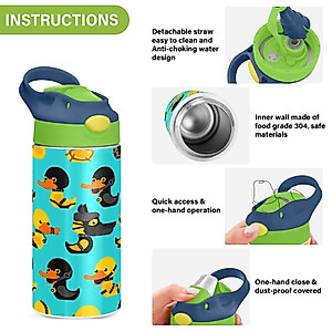 Boccsty Duck Pattern Kids Water Bottle with Straw Lid Yellow Animal Insulated Stainless Steel Reusable Tumbler for Boys Girls Toddlers 12 oz Green
