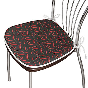Lunarable Chili Pepper Dining Chair Pad, Repetitive Jamaican Thai Cayenne Food Hot Spice in Cartoon Drawing, Decorative and Water Resistant Pillow with Ties for Kitchen Seats, Dark Grey Vermilion
