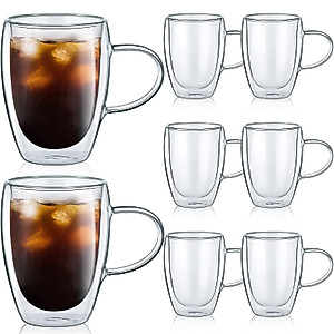 Mimorou 8 Pack 12 oz Double Wall Glass Coffee Mugs Glass Coffee Cups with Handle Insulated Layer Coffee Cups, Clear Borosilicate Glass Mugs