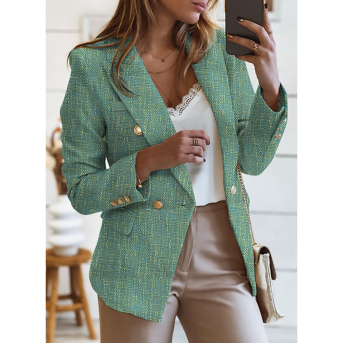 Happy Sailed Womens Tweed Blazer Jackets Fashion Double Breasted Lapel Collar Business Blazers with Pockets Long Sleeve Open Front Office Professional Blazer Work Suits 2024 Green Medium