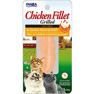 INABA Natural, Premium Hand-Cut Grilled Chicken Fillet Cat Treats/Topper/Complement with Vitamin E and Green Tea Extract, 0.9 Ounces Each, Pack of 6, Chicken Broth