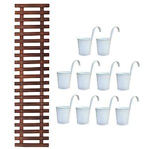 ShopLaLa Bundle - 4 Inch White Metal Flower Pots + Wooden Plant Holder, Vertical Garden Planter, Live Plant Wall System Outdoor Wall Mounted Planter, Hanging Herbs Planters, Green Wall Decoration