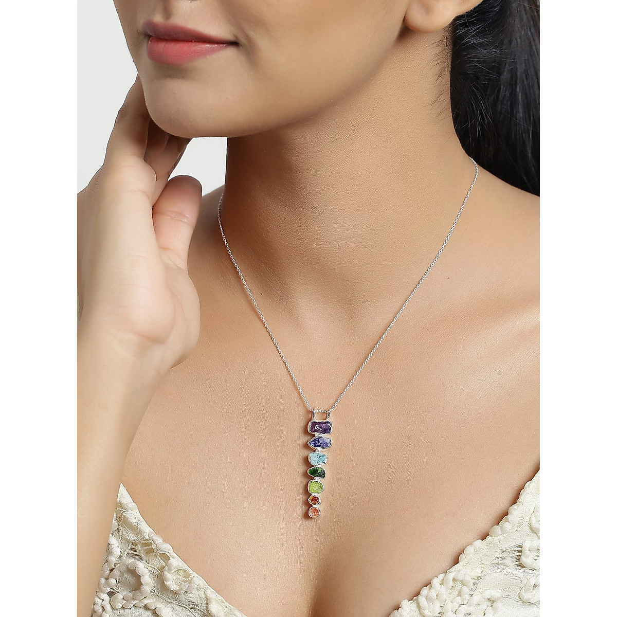 YoTreasure Chakra Healing Gemstone Solid 925 Sterling Silver Chain Pendant Necklace Jewelry