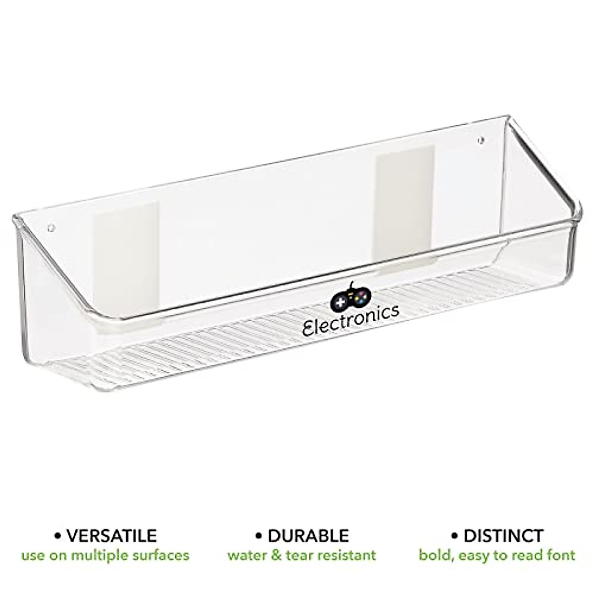 mDesign Plastic Adhesive or Wall Mount Wide Toy Storage Tray Basket; for Playroom, Kids Bedroom Organization; Holds Small Toys, Craft School Supplies + 24 Labels, Ligne Collection, 4 Pack, Clear