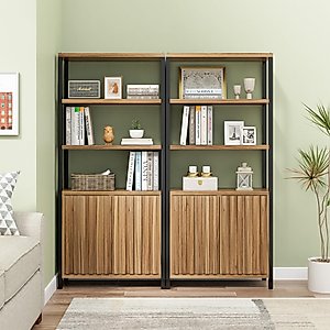 UEV Bookshelf 5 Tier Wood Boho Bookshelf with Storage Door,Fluted 71 in Tall Bookshelf with Metal Stand,Mid Century Modern Large Accent Bookcase for Living Room,Bed Room (Wood, 2 Piece)