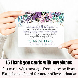 Enchanting Seashells Baby Thank You Cards, 15 Pack Cute Baby Shower Notes with Envelopes Set, Prefilled Message, Customizable and Personalize Blank Stationery Lilac Notecards Mermaid, New Parents Gift Ideas