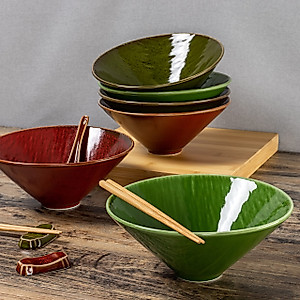 UNICASA 38oz Large Japanese Ramen Bowl Set with Chopsticks, Spoons and Stands, Ceramic Noodle Bowl Set of 2 for Udon, Pho, Soba, Salad and Soup – Reactive Glazed Light Green