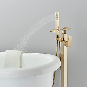 Gmusre Brushed Gold Floor Mounted Waterfall Tub Filler Freestanding Bathtub Faucet Brass Bathroom Single Handle with Shower Hand Spray and 360 Degree Swivel Spout
