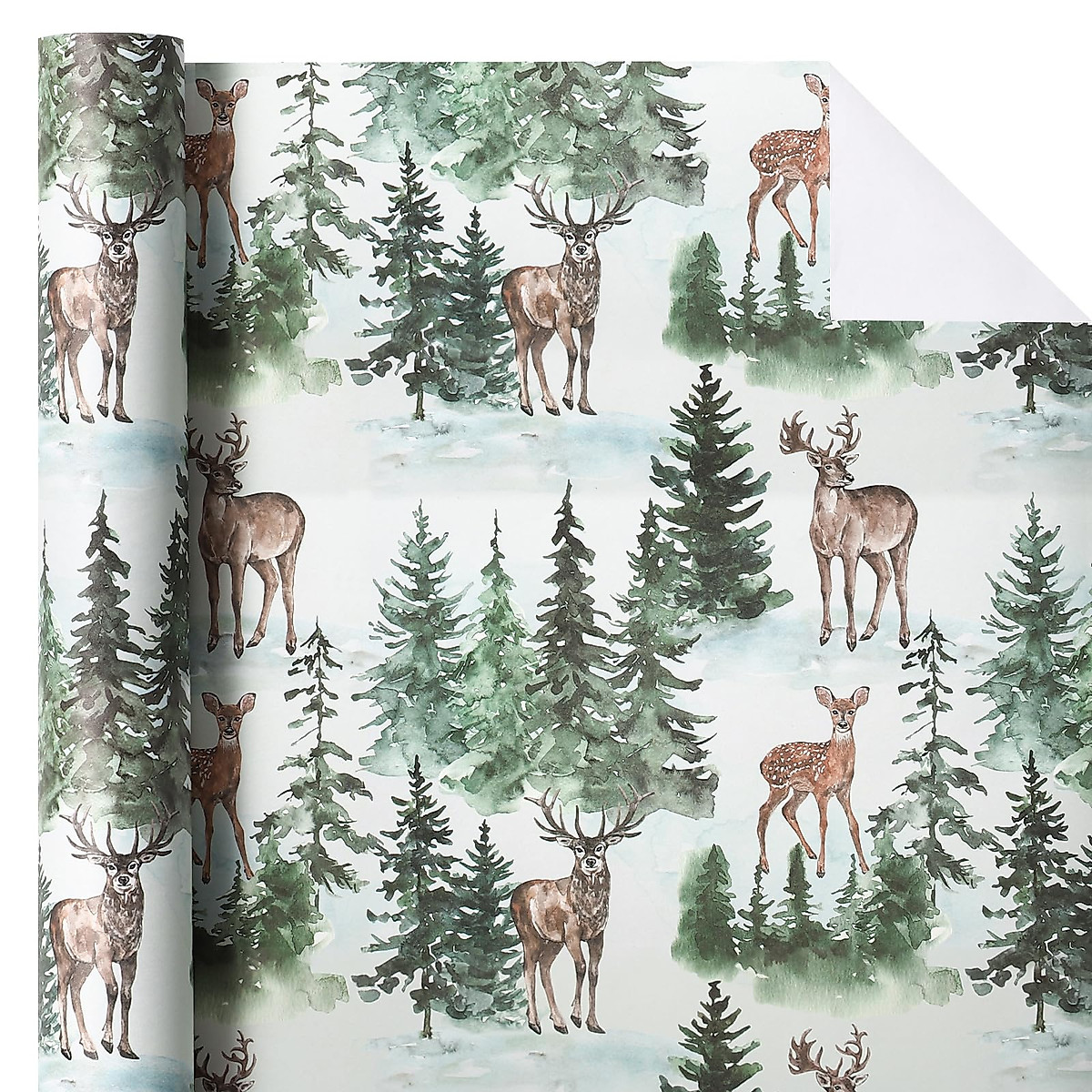 WRAPAHOLIC Kraft Christmas Wrapping Paper - Mini Roll - 17 Inch x 33 Feet - Watercolor Elk and Winter Forest Landscape Design for Christmas, Holiday, Party Celebration