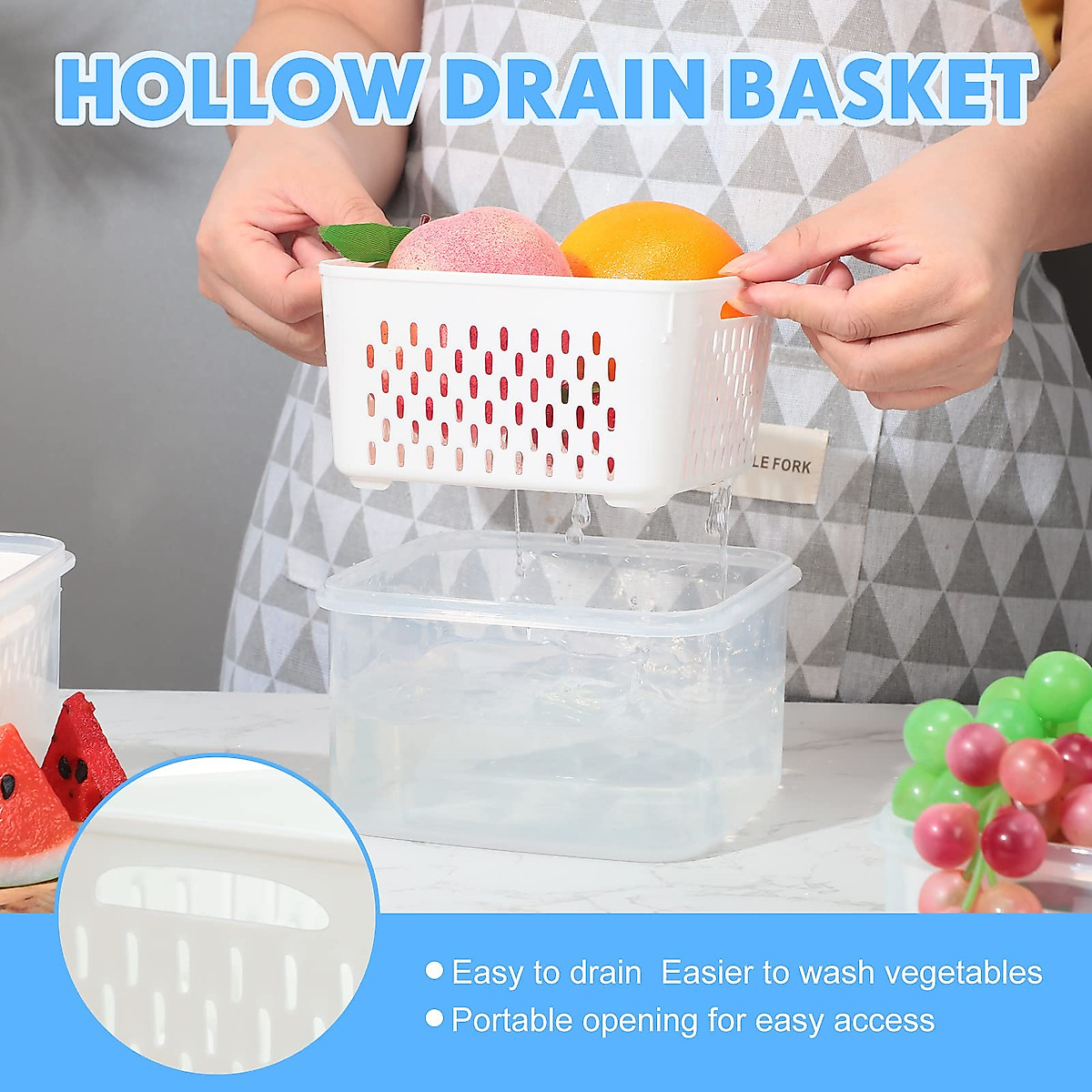 6 Pcs Fruit Storage Containers for Fridge, Food Storage Containers Berry Produce Fridge Organizer with Removable Colander Keep Fruits, Vegetable, Veggie, Meat Fresh Longer(Small, Medium, Large)