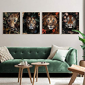 AllBlue Jungle Safari Animal Wall Art Prints Poster Lion Tiger Leopard Animal Wall Decor Set of 4 Animal Wall Pictures for Living Room Home Decor (8"x10" Unframed)