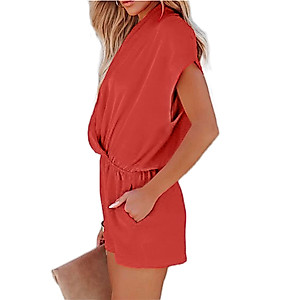 LYANER Women's Summer V Neck Wrap Ruched Front with Pockets Short Sleeve Romper Jumpsuit Red Medium
