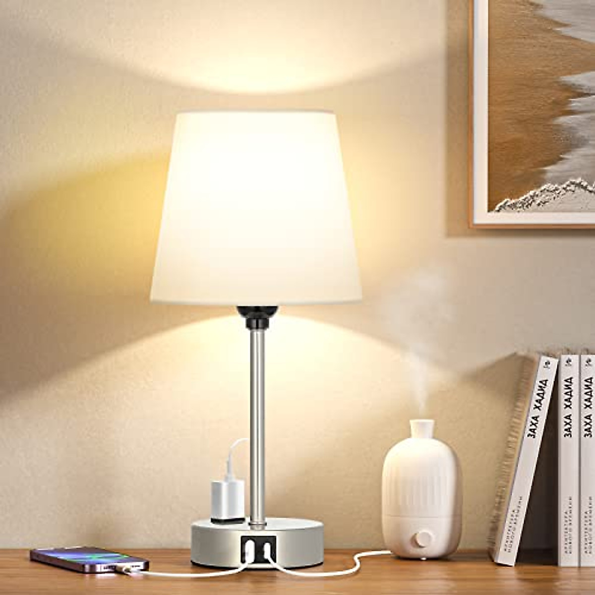 Table Lamps for Bedrooms Set of 2 Bedside - Nightstand Bedroom Lamp with USB C Port and AC Outlet Charging, Dimmable Touch Small End Side Lamp, White Night Stand Light for Kid/Guest Room/Living Room