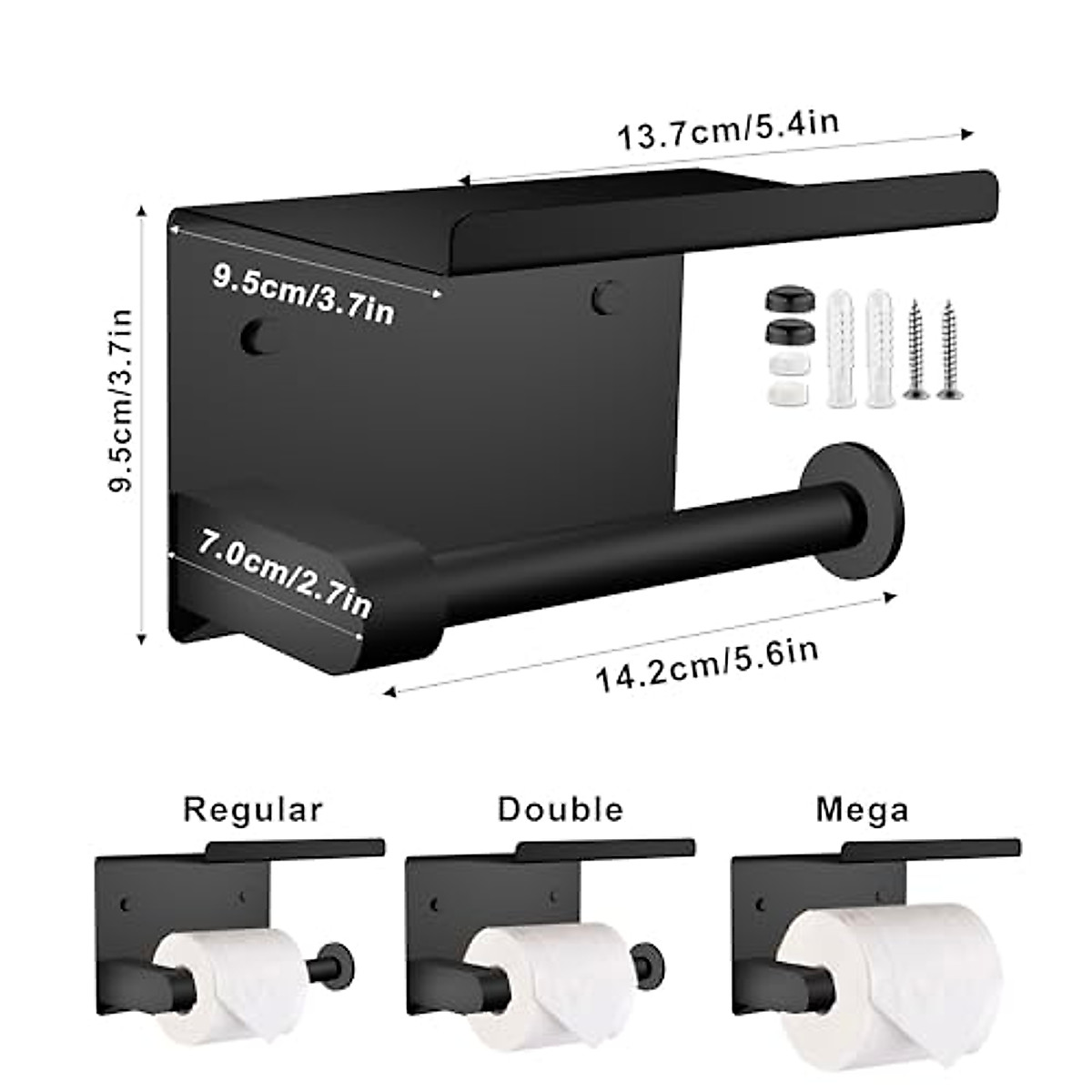 Toilet Paper Holder with Shelf with Shelf, Short Paper Towel Holder Wall Mount 12" Self Adhesive Toilet Paper Roll Holder with Phone Shelf for Bathroom Toilet Accessories