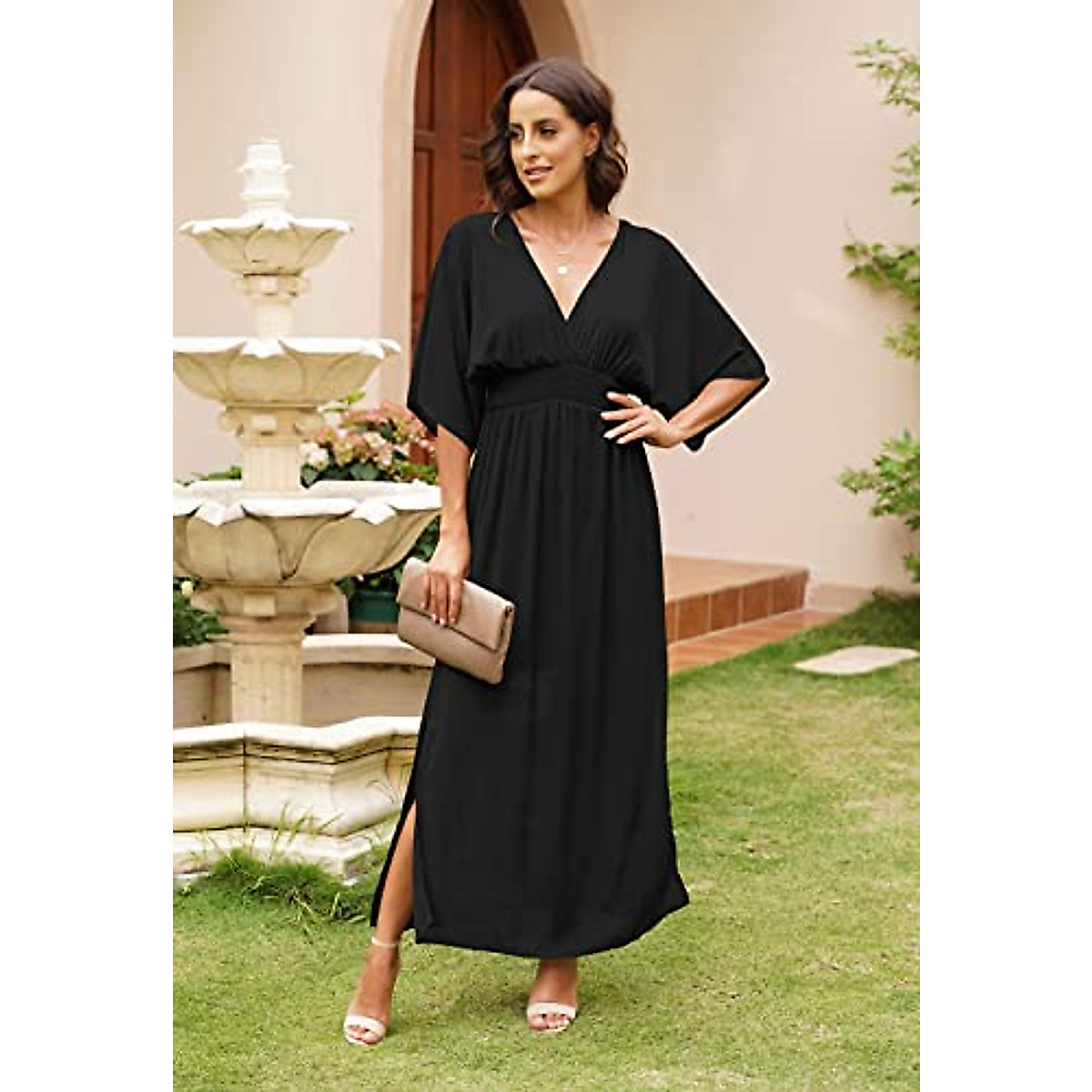 Meenew Women's Deep V Neck Summer Maxi Dress Flowy Long Beach Dress Black S