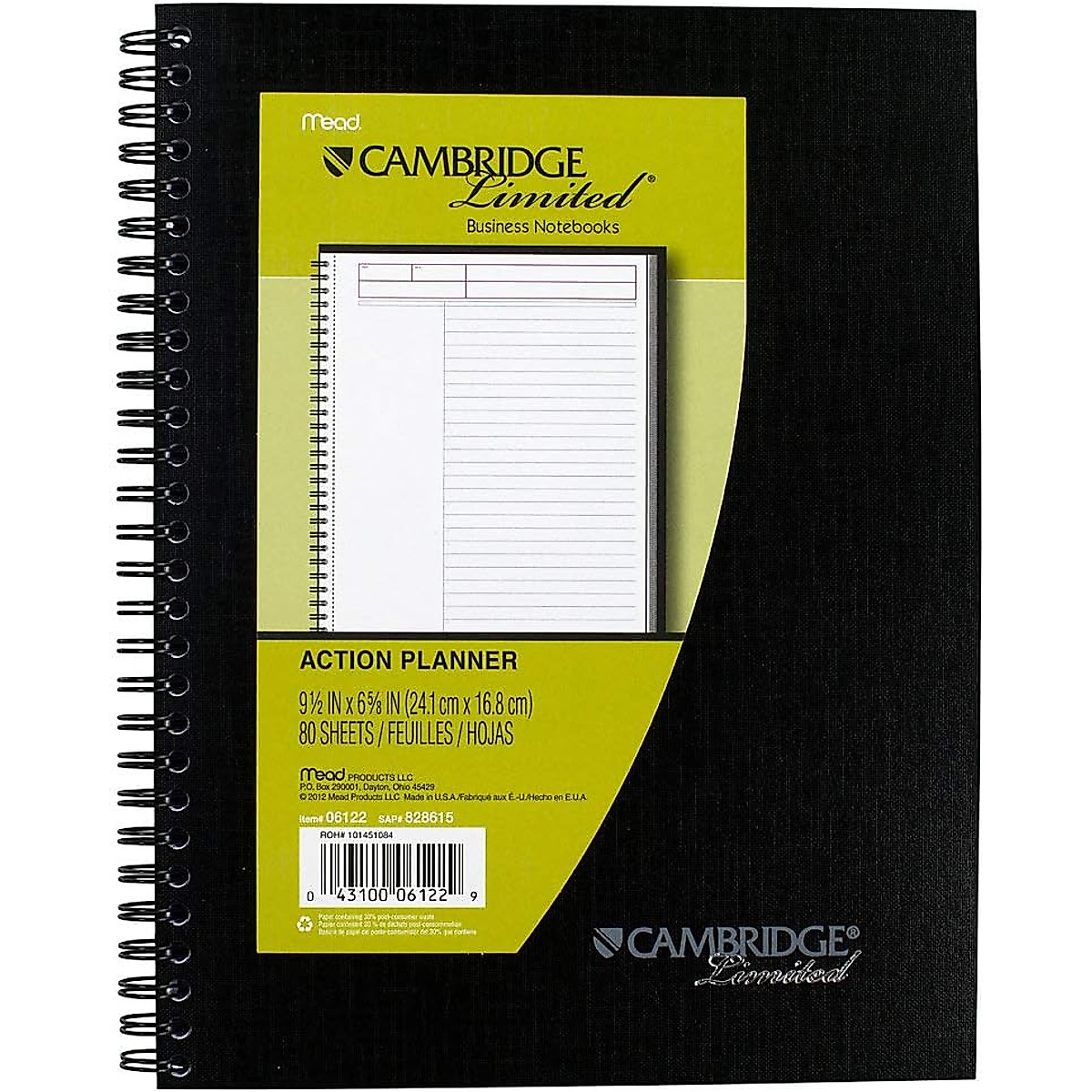 Cambridge 06122 Action Planner Side Bound Business Notebook, 7 1/2 x 9 1/2, Black, 80 Sheets