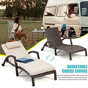 HOMREST Chaise Lounge Chairs Set of 2 for Outside, Adjustable 5 Position Outdoor PE Rattan Wicker Patio Pool Lounge Chair with Arm, Cushion, Pillow and Wheels for Poolside Backyard Deck Porch,Khaki