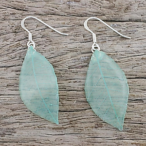 NOVICA Artisan Handmade Natural Leaf Dangle Earrings Jade from Thailand Sterling Silver No Stone Nature Tree [2.2 in L x 0.8 in W] ' Stunning Nature in Jade'