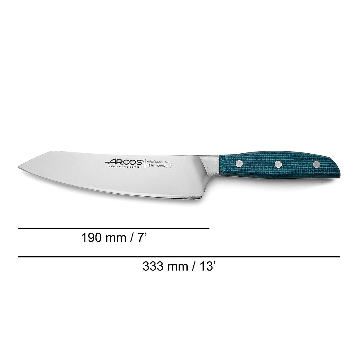 Arcos Forged Rocking Santoku Knife Stainless Steel 7 Inch. Micarta Handle & Special Silk Edge and Silver Blade 190 mm. Series Brooklyn. Blue Color . Impress and Amaze with Every Cut