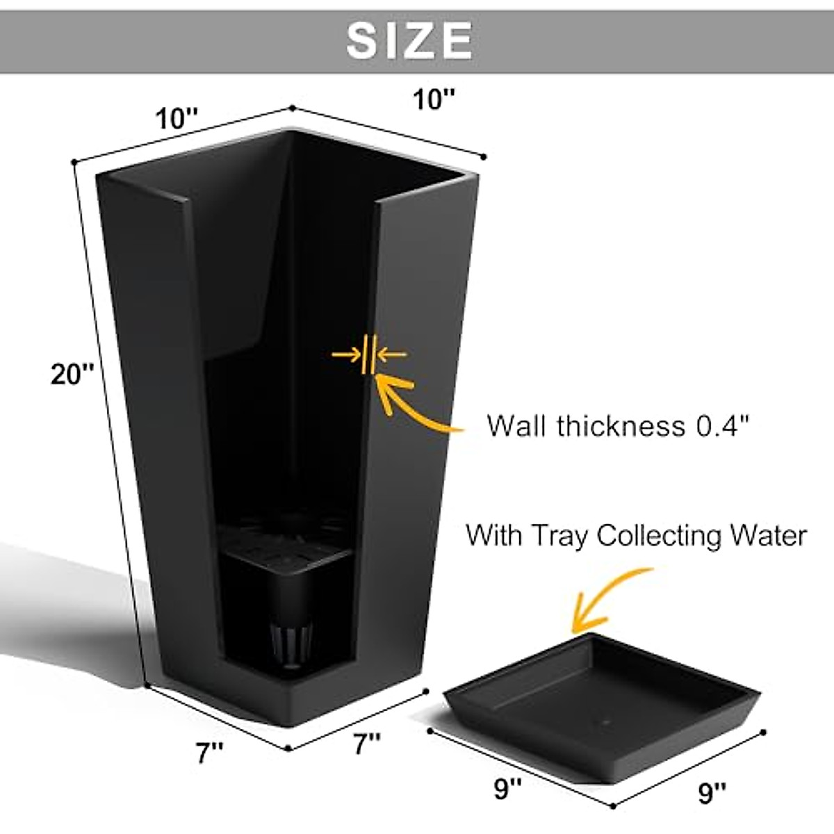 Elevens Tall Planters 20 Inch Tapered Square Planters Garden Flower Pots,Indoor/Outdoor Planter with Tray, Large Planter for Patio Black-2 Pack