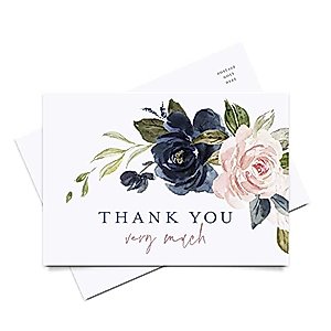 Bliss Collections Thank You Postcards, Navy Floral, Cards for Weddings, Receptions, Baby or Bridal Showers, Birthdays, Graduations, Parties, Celebrations or Special Events, 4"x6" (50 Cards)