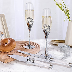 4 Piece Champagne Flutes and Cake Knife Server Set, Bride and Groom Toasting Flutes with Cake Cutting Set, Diamond Champagne Glasses Set for Wedding Reception Anniversary Party House Warming, Silver