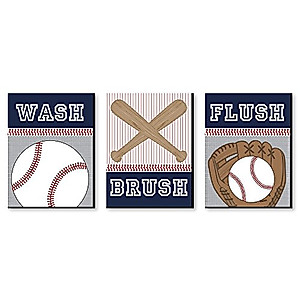 Big Dot of Happiness Batter Up - Baseball - Kids Bathroom Rules Wall Art - 7.5 x 10 inches - Set of 3 Signs - Wash, Brush, Flush