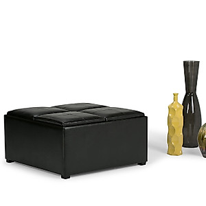 SIMPLIHOME Avalon Wide Contemporary Square Coffee Table Storage Ottoman Vegan Faux Leather, Assembled, for The Living Room and Bedroom, 35 inch, Midnight Black