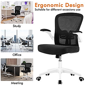 Yaheetech Ergonomic Office Chair, Swivel Task Chair with Adjustable Lumbar Support, Mid Back Mesh Computer Chair with Flip-up Armrests Padded Task Chairs, Executive Chair for Home Office White