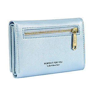 Women Short Small trifold Wallet Leather Changes ID Coin Cards Wallet, Sky Blue