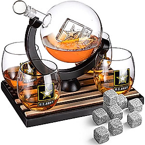 Army Globe Whiskey Decanter Set & 4 Liquor Glasses - US Army Whisky Decanter & Glass Set with Wood Base and 9 Whiskey Stones - Army Gifts for Men - Bourbon and Scotch Decanter – Military Veteran Gifts