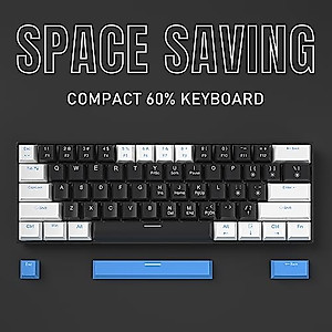 60% Mechanical Gaming Keyboard,White Black Blue Keycaps Gaming Keyboard with Linear Red Switch, Detachable Type-C Cable Mini Keyboard with Blue LED Light for Windows/Mac/PC/Laptop