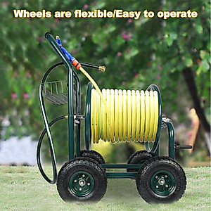AESRAOU Industrial Hose Reel Cart - Garden Heavy Duty Hose Reel with 4 Rubber Wheels, Holds 328-Feet of 5/8" Hose Capacity for Outside Garden & Yard