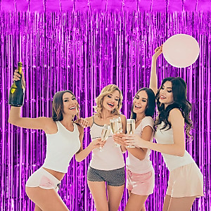 Thicken Purple Foil Fringe Curtains Decorations 3.2x8.2ft - 2 Pack, Photo Backdrop for Birthday Bachelorette Bridal Shower Baby Shower Graduation Party, Party Streams Decor