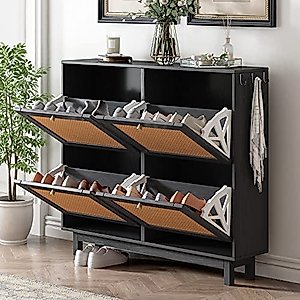 Merax Rattan Free Standing Shoe Rack with 4 Flip Drawers, Modern 2-Tier Storage Cabinet with Large Space for Entrance Hallway, Boho Style, Black