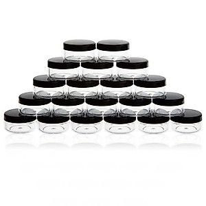 ZEJIA 3 Gram Sample Containers with Lids,75Pack Tiny Sample Jars with Labels, Mini Plastic Cosmetic Containers for Beauty Products, Lip Balms, Lotion, Powder (Black Lids)