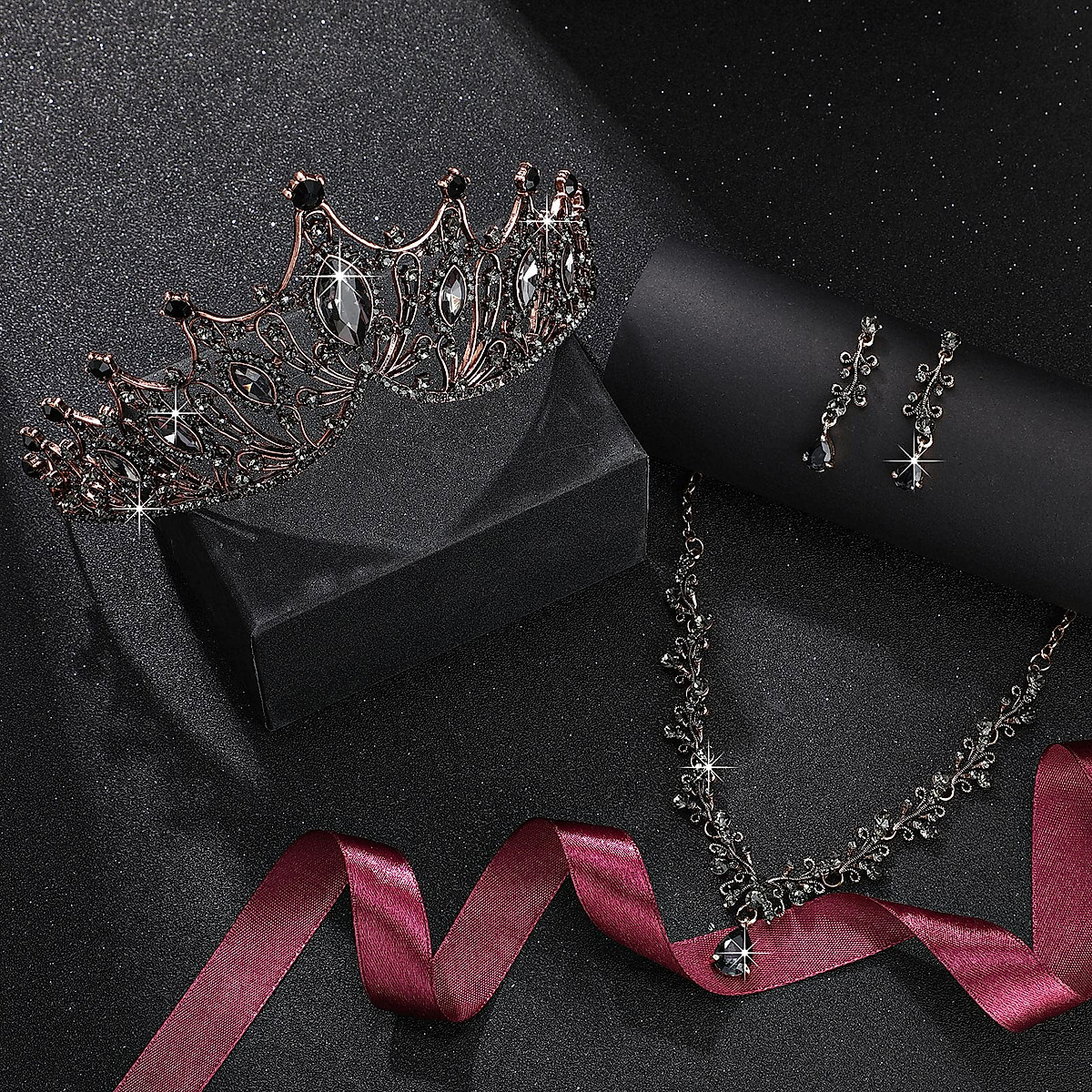 Hicarer 3 Pieces Baroque Queen Crown Set, Tiara Earrings Necklace Crystal Headband Tiaras and Crowns for Women Bridal Wedding Jewelry Halloween Prom Birthday Party Hair Costume Accessories (Black)