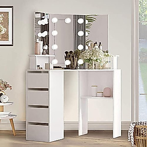 Corner Vanity Desk with Lighted Mirror,42 inch Makeup Vanity Table with Lights,4 Drawer Makeup Dressing Table with 3-Fold Mirror,3 Lighting Colors,White