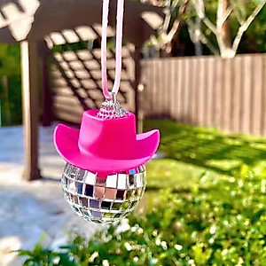Disco Ball Car Accessory,Disco Ball Car Mirror Ornament,Disco Ball for Car,Car Disco Ball for Rear View Mirror,Bling Disco Ball Cowboy Hat Car Accessory, (Pink)