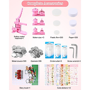 Button Maker Machine Kit: Create Buttons with Multiple Sizes (1+1.25+2.25 inch)! includes 600 Pcs Button Making Supplies, 12 Cartoon Stickers, 3 Pcs Cutter, 1 Magic Book. Button Press for 25/32/58mm