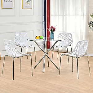 SICOTAS Glass Dining Table Round Kitchen Table with 4 Silver Chrome Legs,Modern Circle Dining Room Tables for 2 or 4,Small Dinner Table for Kitchen,Apartment, Small Spaces,35.4D x 29.5H,Clear