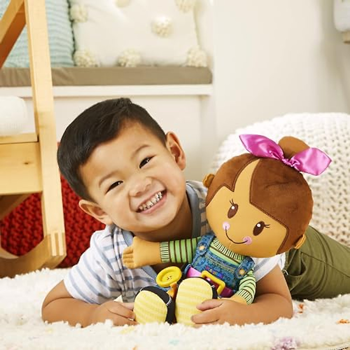 Playskool Dressy Kids Doll, Brown Hair and Bow, Activity Plush Toy with Zipper, Shoelace, Button, For Ages 2+ (Amazon Exclusive)