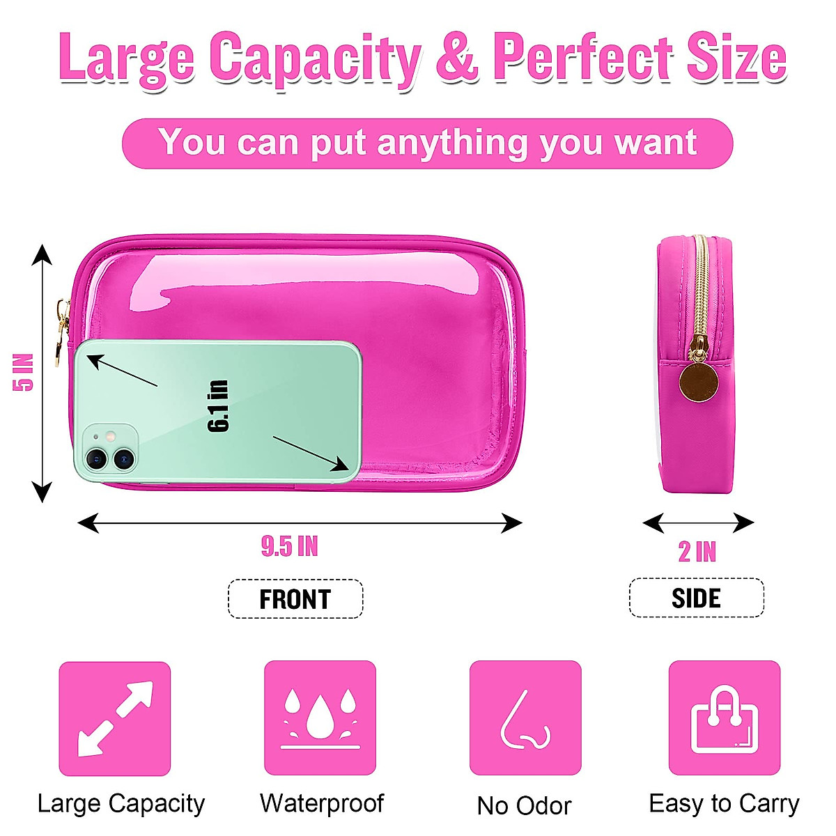 Small Clear Travel Makeup Organizer Bag for Purse, Preppy Makeup Bag Cute Cosmetic Zipper Pouch Purse, Transparent PVC & Nylon Waterproof Toiletry Storage Clutch Coin Pouch for Women Girls(Hot Pink)