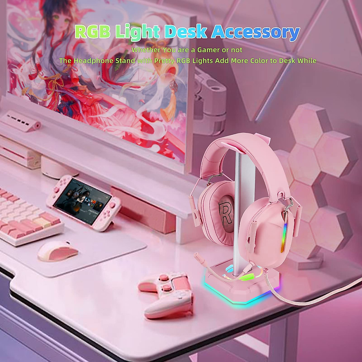 TuparGo Pink Headphone Stand Gaming Headset Holder with Rolling Caption RGB Light for ‎Kraken Headset,Aluminum Alloy Connecting Rod and Non-Slip Rubber Base,Designed for Pink Gaming Headsets